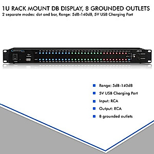 Technical Pro 1U Rack Mount DB Display with 8 Outlet Power Supply Surge Protector with 5V USB Charging Ports, Input, and Output RCA.