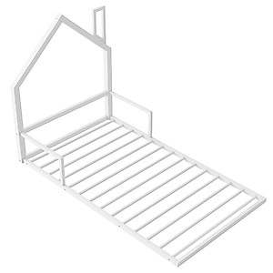 Bellemave Twin Floor Bed for Kids, Metal Twin Bed for Boys, girs, Twin Bed Frame with House-Shaped Headboard, Twin Size Montessori Floor Bed, White