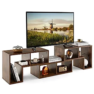 BUSHLY 3 Pieces Console TV Stand, Modern Multimedia Furniture for 50 55 60 65 Inch Flat Screen TV, DIY Open Storage Bookcase Shelf for Storage and Display, Suitable for Living Room Bedroom (Brown)