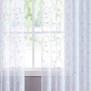 Fragrantex White Leaf Embroidered Window Valance 15 Inches Floral Curtain for Kitchen Cafe, Short Curtain for Bay Window Bathroom and Living Room,56" Wx15 L Rod Pocket