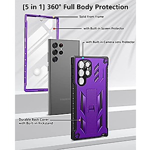 FNTCASE for Samsung Galaxy S22 Ultra Case: Built-in Screen Protector & Kickstand Full-Body Dual Layer Rugged Military Grade Shockproof Protection Heavy Duty Protective Phone Cover 5G-Purple