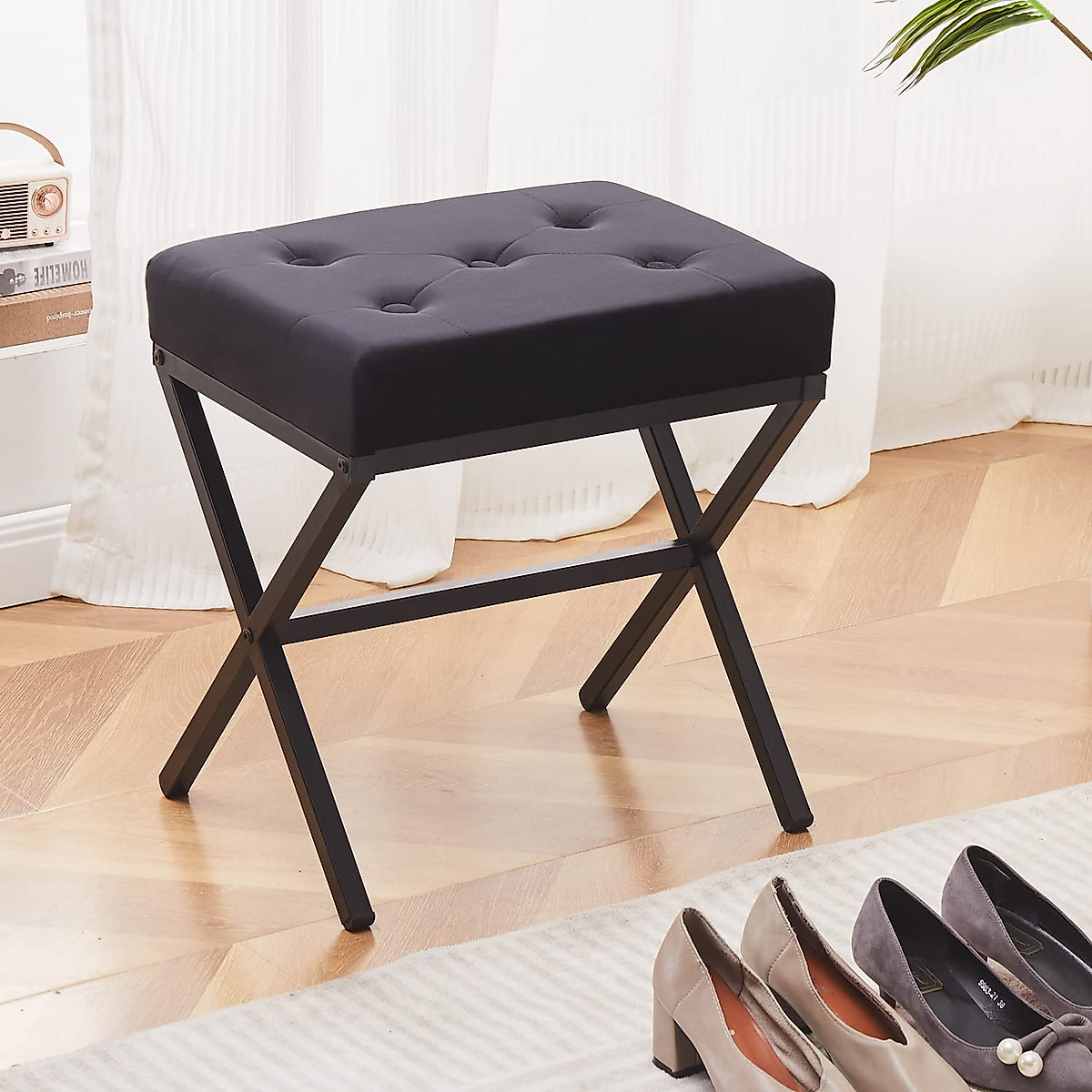 Cpintltr Velvet Ottoman Footrest Stool Tufted Vanity Stool Ottomans Thickened Cushion Footstool Mulifunctional Shoe Changing Seat Step Stools with Metal X Leg for Living Room Bedroom Black