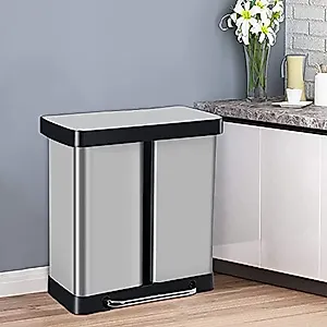 16 Gallon/ 60L Kitchen Dual Step Trash Can Garbage Bin 2-Compartment Stainless Steel Step Trash Bin Large Classified Brushed Trash Can Rubbish Recycling Bin with Lid & Removable Inner Buckets, Silver