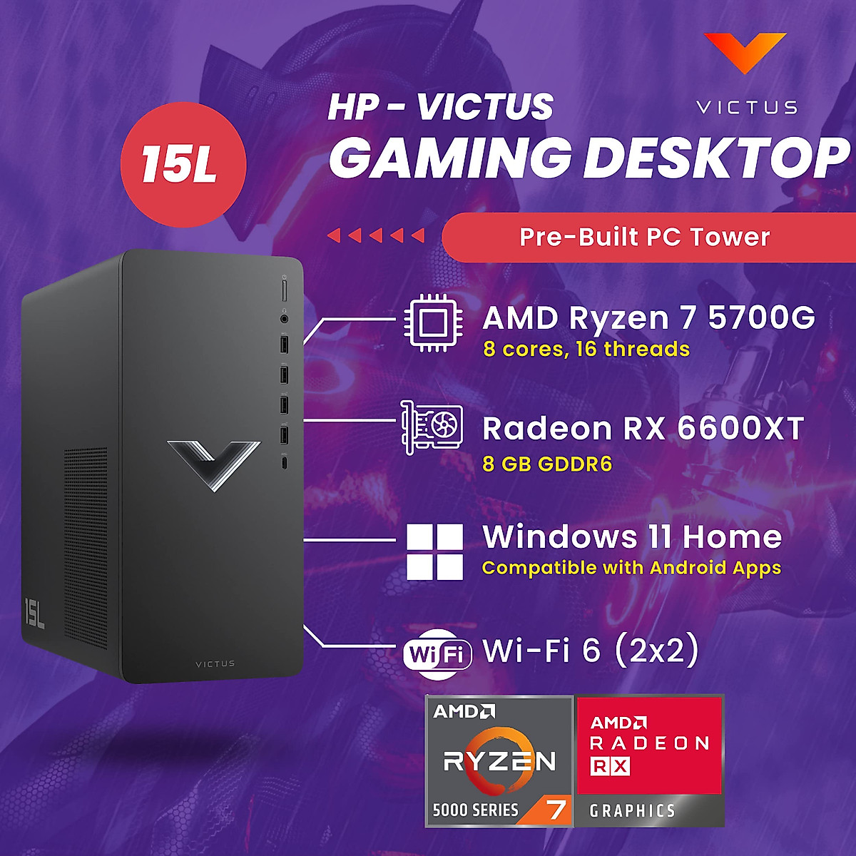 HP Victus Gaming PC, AMD Ryzen 7 5700G (8 cores, 16 Threads), 32 GB RAM, 1 TB PCIe SSD, Radeon RX 6600XT, Gaming Computer Desktop Bundle, USB C, WiFi 6, Windows 11 Home