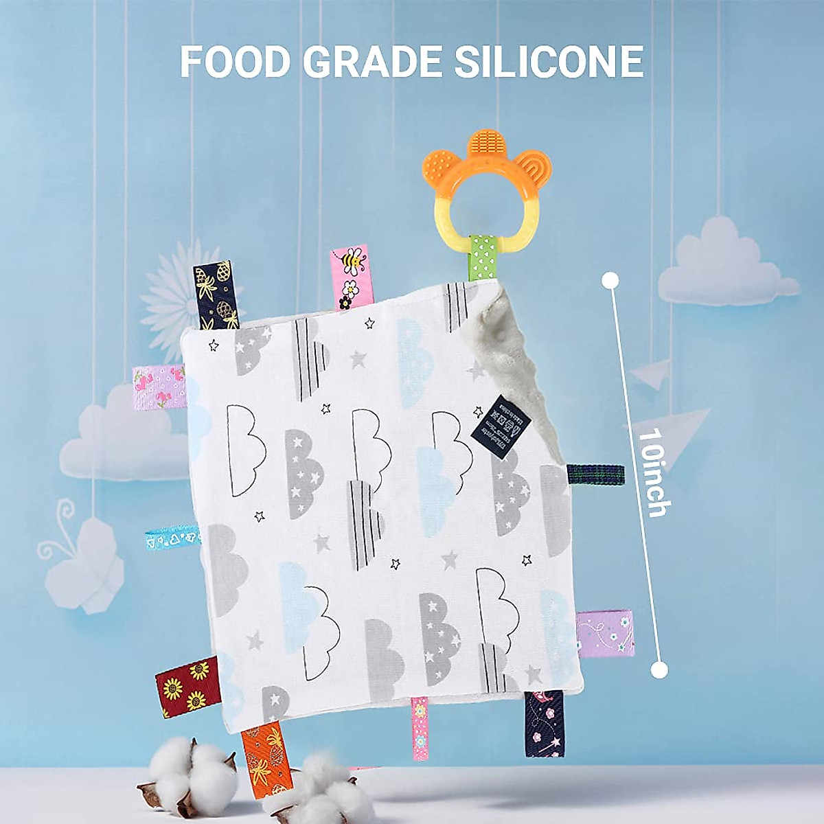 Cute Baby Security Tag Blanket withTeether,Soft,Soothing, Comfortable,Dotted Backing Taggy Teething Blanket for Boys and Girls. (Clouds)