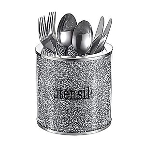 JUXYES Sparky Glass Crushed Diamond Utensils Holder for Party, Luxurious Silverware Holder Organizer Decorative Utensil Storage Crock Shiny Cutlery Holder Silverware Organizer for Kitchen Dining Table