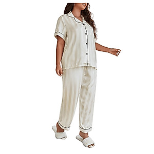 OYOANGLE Women's Plus Size Satin Pajama Set Silky Short Sleeve Button Down Tops and Pants Sleepwear Loungewear White 3XL