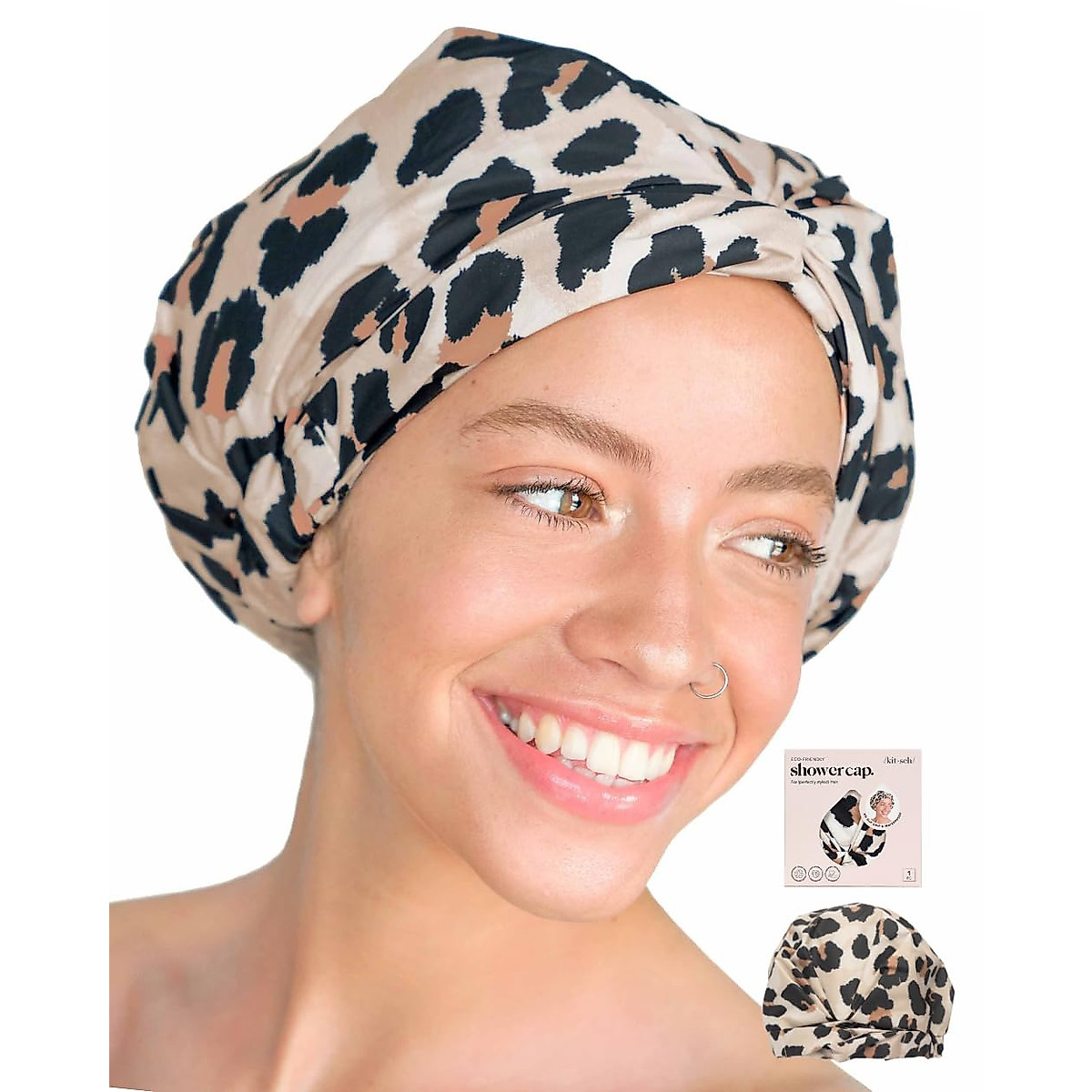 Kitsch Luxury Shower Cap for Women Waterproof - Reusable Shower Cap, Hair Cap for Shower, Waterproof Hair Shower Caps for Long Hair, Non-Slip Cute Shower Cap One Size, Chic Shower Bonnet - Leopard