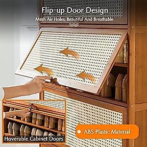 IOTXY Shoe Rack Organizer Cabinet - 7-Tier Bamboo Free Standing Shoe Storage Shelf with Flip-up Doors, for Closet, Hallway, Bedroom, Entryway, Brown