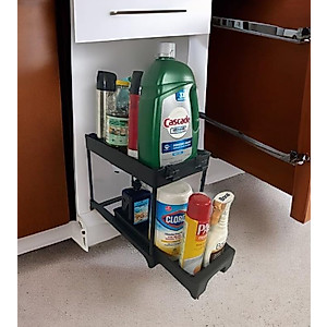 Volonko Under Sink Organizer, Pull-out Large Capacity Under Bathroom and Kitchen Cabinet Storage Drawer Organizer with Hooks, Multi-purpose Under Sink Shelf Organizer
