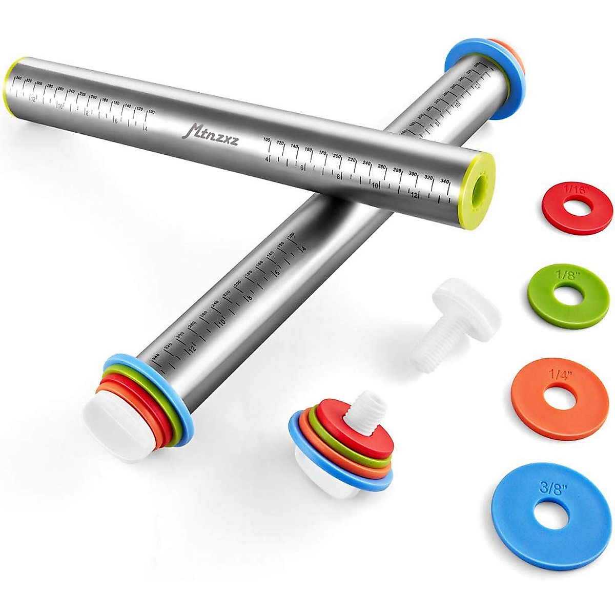 Rolling Pin, Silicone Baking Pastry Mat, Smooth Stainless Steel Roller, 4 Removable Adjustable Thickness Non Stick Rings Rolling Pins for Baking Dough, Pizza, Pie, Pastries, Pasta, Cookies, 2 Pcs