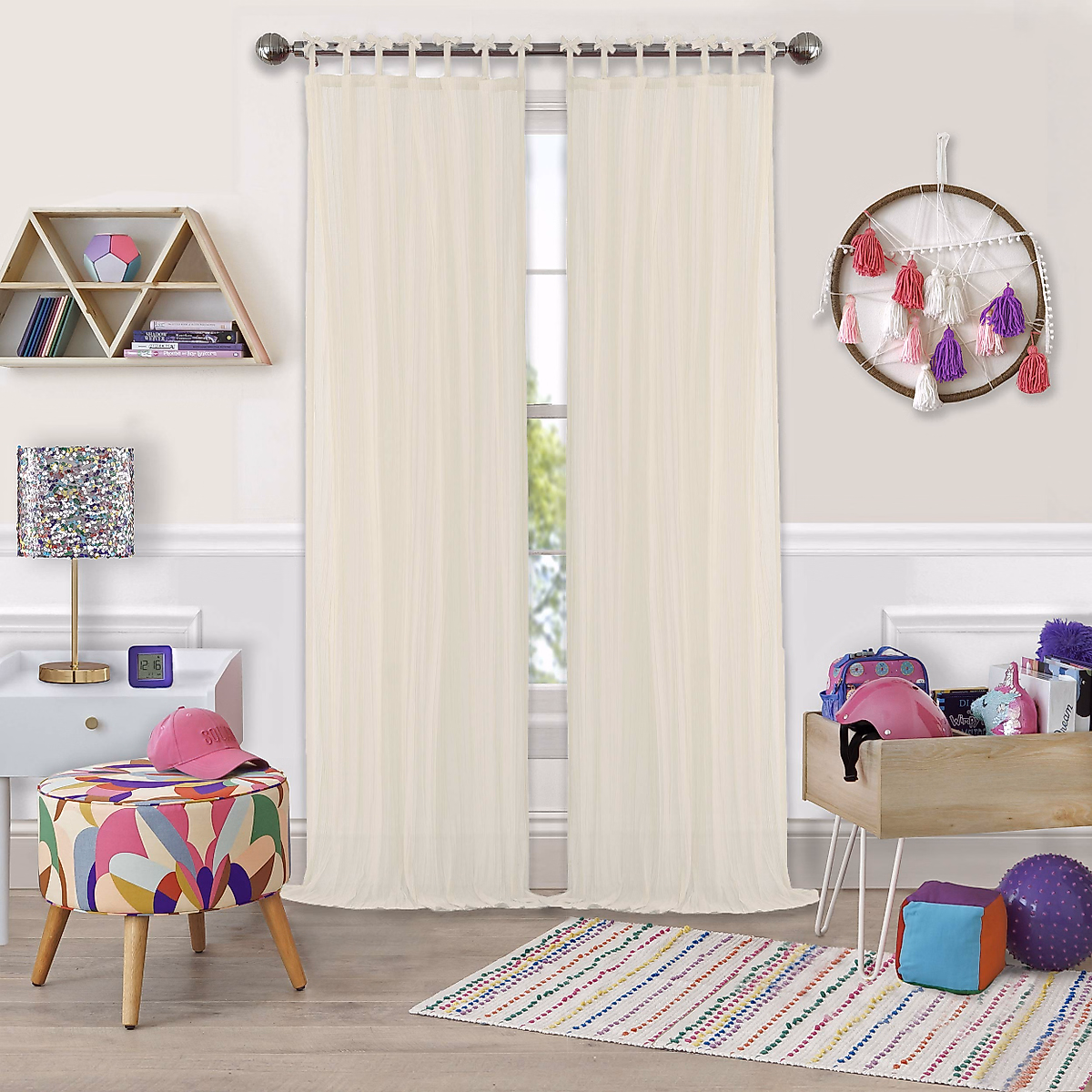 Elrene Home Fashions Greta Crushed Sheer Tie Tab Top Teen Kids Single Window Curtain Drape, 50 in x 108 in (1 Panel), Ivory