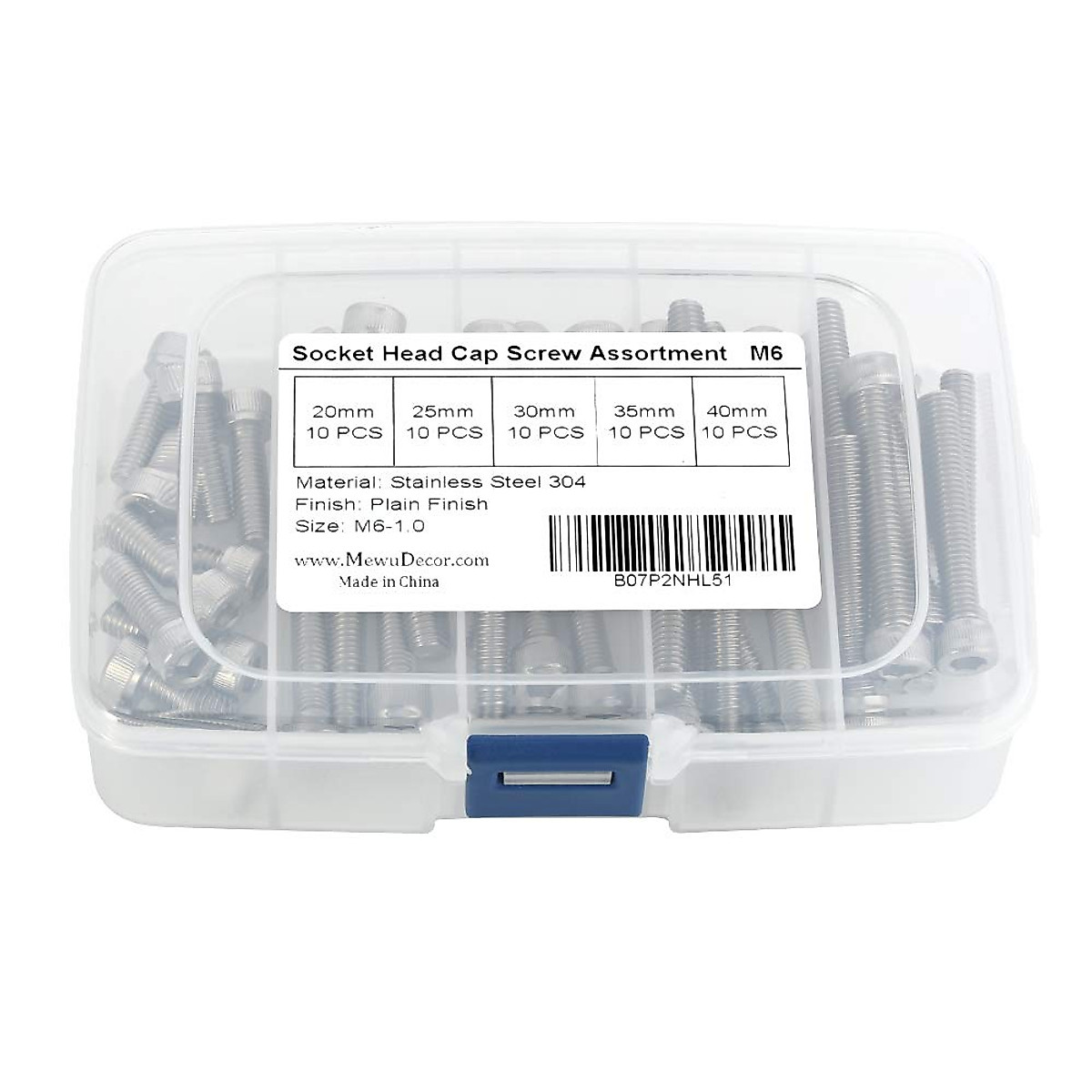 50 PCS Socket Head Cap Screw Assortment Set, M6 x 20mm, 25mm, 30mm, 35mm, and 40mm, Stainless Steel 304, Bright Finish