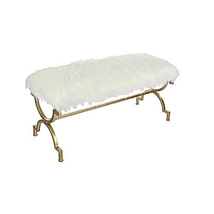 Deco 79 Metal Bench with White Faux Fur Top, 42" x 17" x 20", Gold