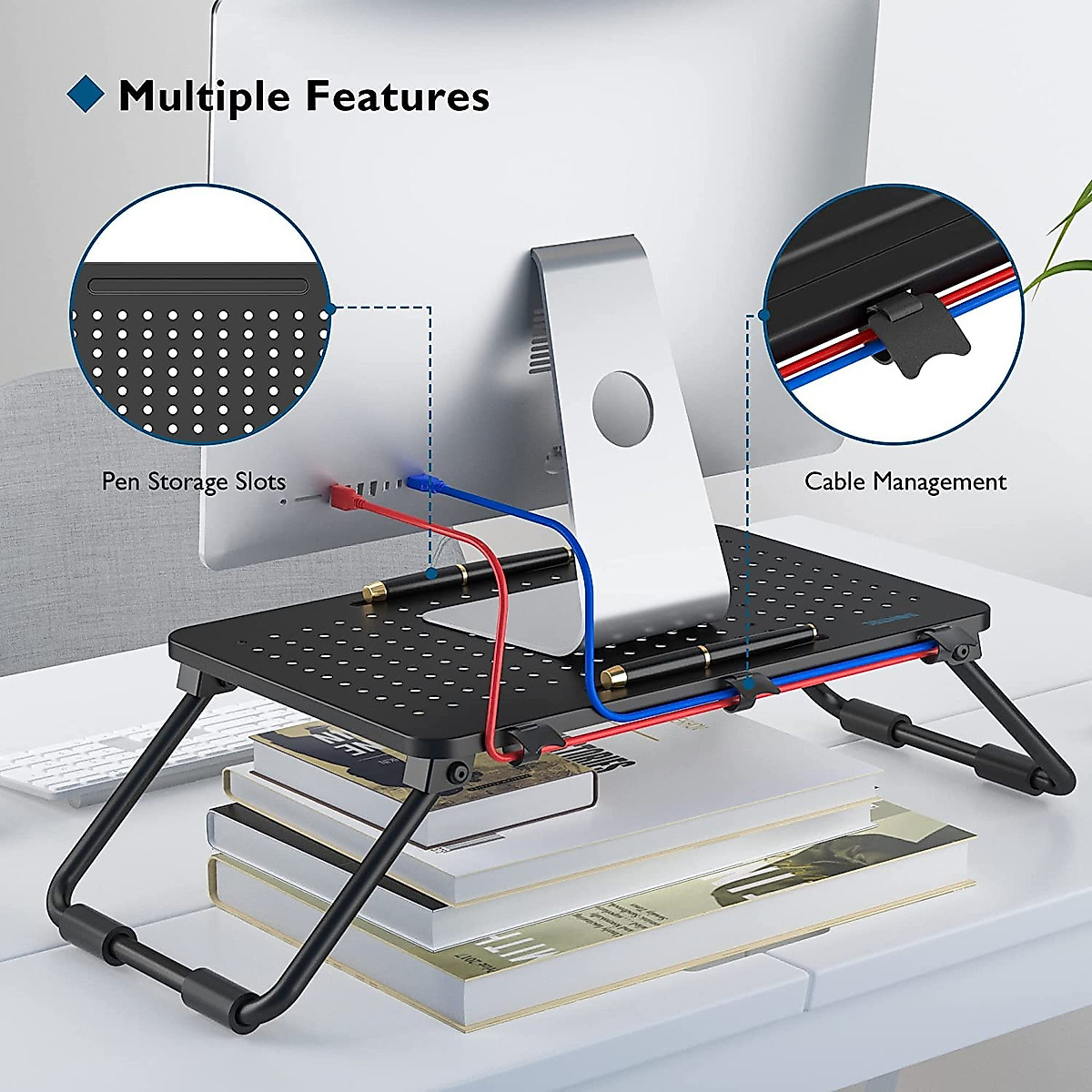 BONTEC 2 Pack Monitor Stand Riser, 4.72" High Monitor Stand for Desk, Computer Monitor Riser Stand with Mesh Platform for Laptop, Computer, iMac, PC up to 33LBS/15KG, Cable Ties Included