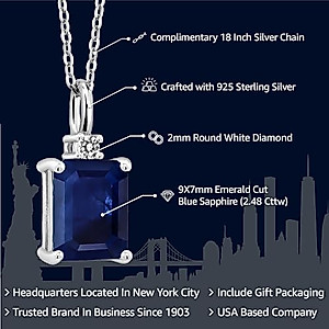 Gem Stone King 925 Sterling Silver Blue Sapphire and White Diamond Pendant Necklace For Women | 2.48 Cttw | Gemstone September Birthstone | Emerald Cut 9X7MM | With 18 Inch Silver Chain