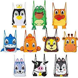 Zonon 10 Pieces Animal Drawstring Bags for Kids Drawstring Backpack Party Favors Cute Safari Farm Animal with Ear and Tail Bags for Kid Boys Birthday Party Baby Shower Treat Bags