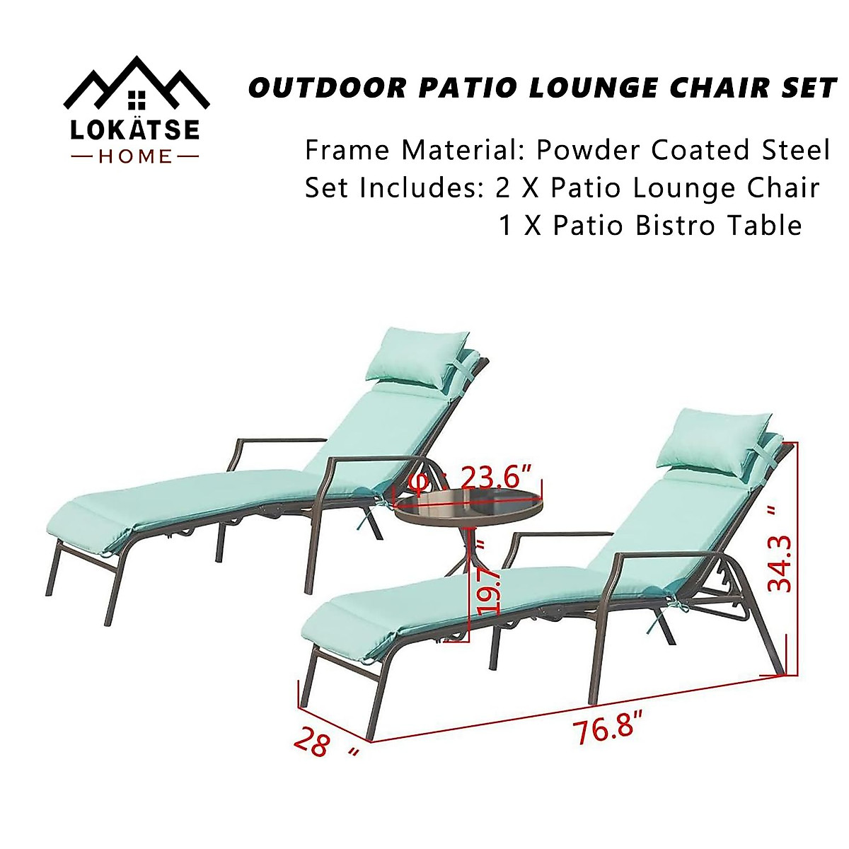 LOKATSE HOME 3 Pieces Outdoor Patio Chaise Lounge Chair Lounger Seating Furniture Set with Cushions and Table, Light Blue