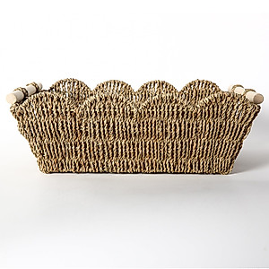 Scalloped Edge Basket with Wooden Handle, Water Hyacinth/Seagrass/Wicker Storage Baskets, Hand Woven Baskets for Shelves,Natural Baskets for Organizing (Seagrass, 16.5 * 12.6 * 5.5“)