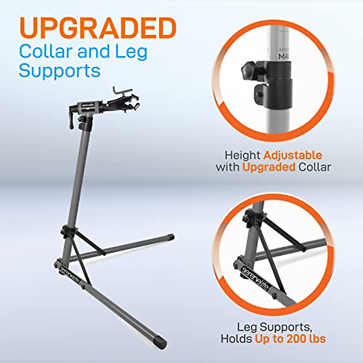 SereneLife Home Mechanic Bicycle Repair Stand - Height Adjustable, 360° Clamp Rotation w/Upgraded Collar & Leg Supports, Holds Up to 80 lbs, Mountain Bike Holder Cleaning or Maintenance Tool Kit