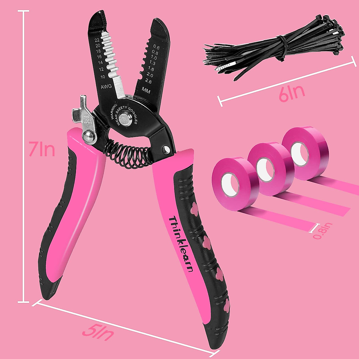 Wire Stripper, Pink 10-22 AWG Wire Cutters for Women, Wire Stripping Tool Kit with 3PCS Electrical Tapes and 50PCS Cable Ties, Multi-Function Hand Tool, Professional Handle Design