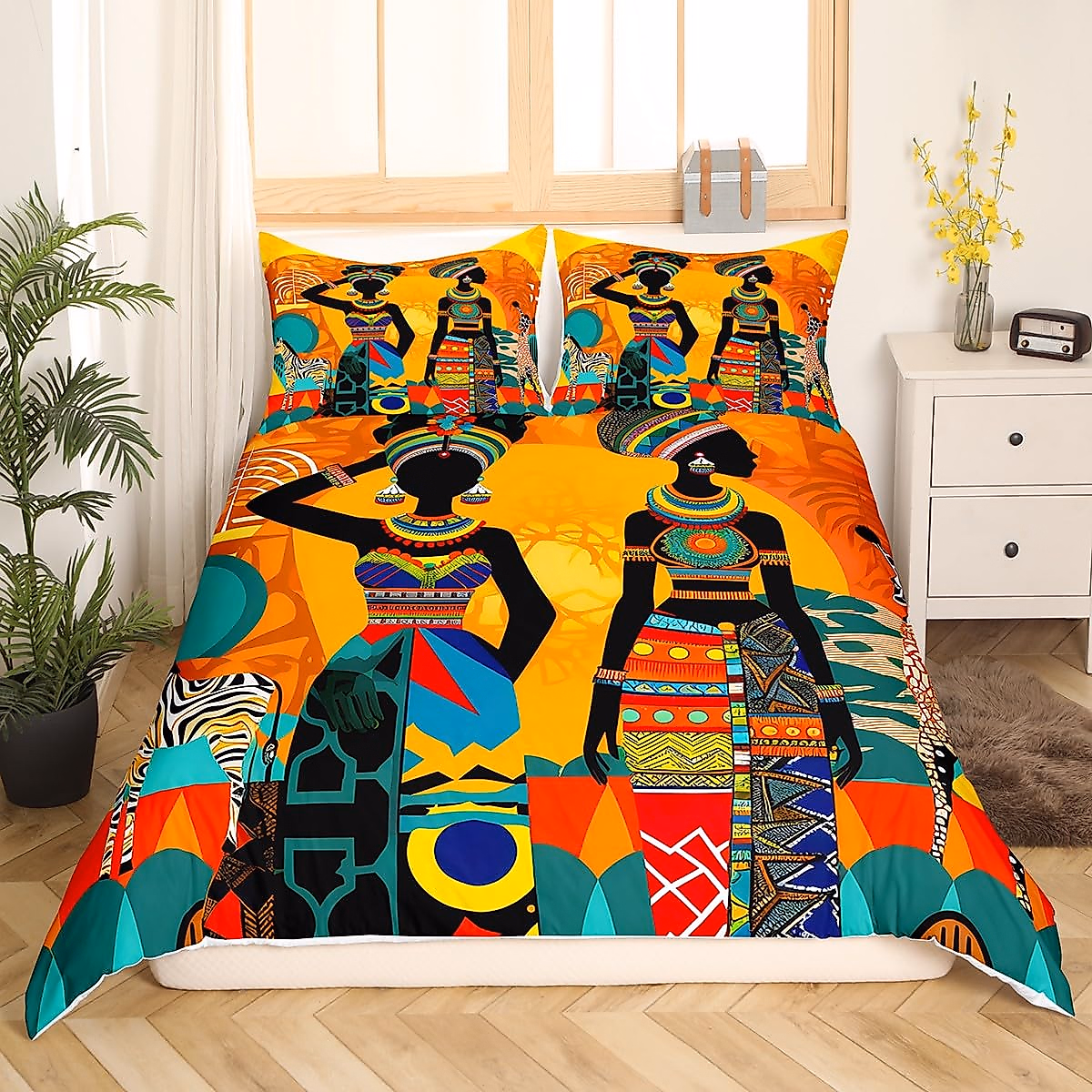 Feelyou Black Woman Bedding Set Ethnic Afro African Comforter Cover Set Traditional Exotic Duvet Cover Set Tribal Quilt Cover 1 Duvet Cover with 2 Pillowcases King