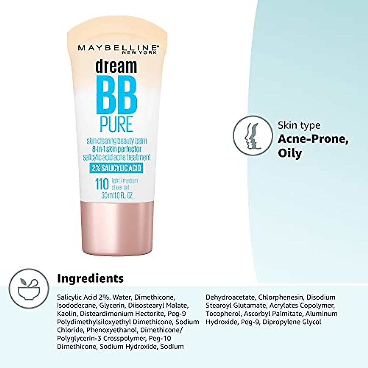 Maybelline Dream Pure Skin Clearing BB Cream, 8-in-1 Skin Perfecting Beauty Balm With 2% Salicylic Acid, Sheer Tint Coverage, Oil-Free, Light/Medium, 1 Count