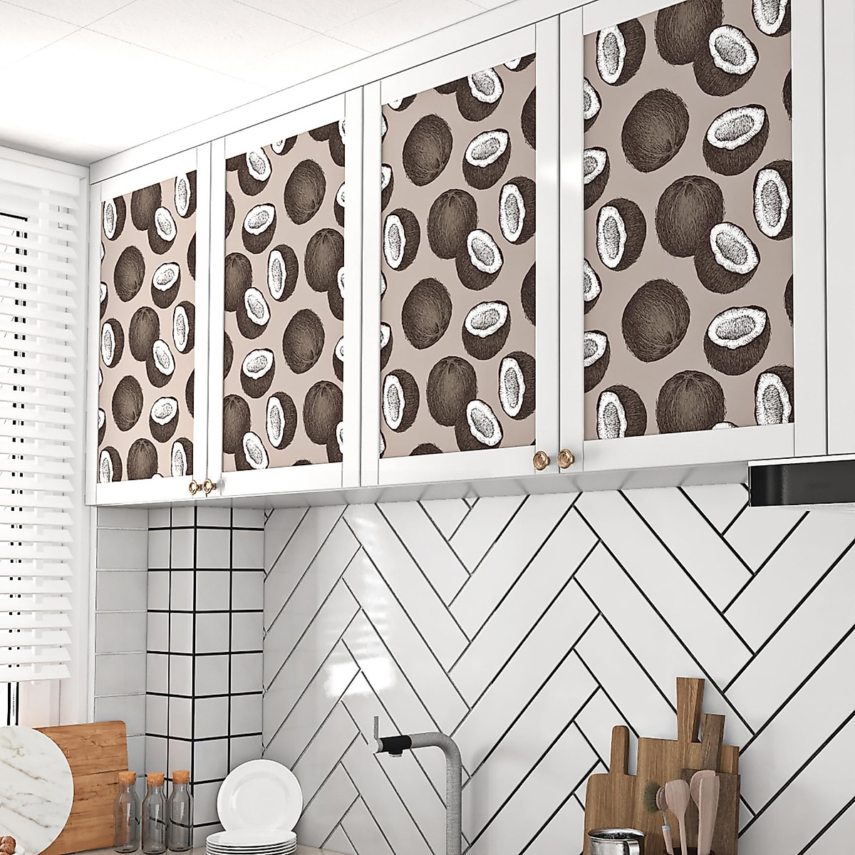 ReWallpaper Light Tan Peel and Stick Wallpaper Removable Brown Vinyl Wallpaper Stick and Peel Waterproof Contact Paper for Cabinets Bathroom Bedroom Tropical Coconut Fruit Wall Paper Roll 17.5in×10ft