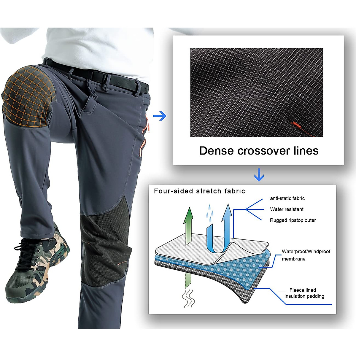 Gash Hao Mens Snow Ski Waterproof Softshell Snowboard Pants Outdoor Hiking Fleece Lined Zipper Bottom Leg (180Grey, 32W x 34L)