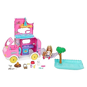 Barbie Toy Camper & Chelsea Doll, 2-in-1 Playset with 2 Pets & 15 Accessories, Vehicle Transforms into Camp Site (Amazon Exclusive)