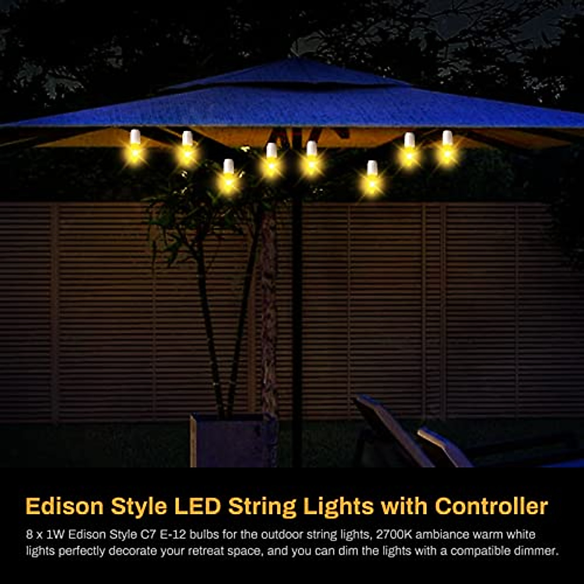 Eliteemo LED Canopy and Umbrellas Lights, 23 Ft LED Outdoor String Lights with Shatterproof Plastic 8LED C7 E-12 Light Bulbs, Waterproof, C Battery Powered, Super Bright to Display at Night Outdoors