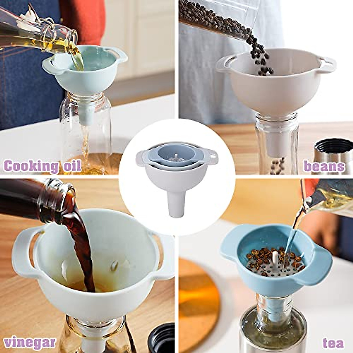 4 in 1 Kitchen Funnels for Filling Bottles, Kitchen Funnels with Detachable Strainer Filter, BPA-Free Food Grade Oil Funnel, Suitable for All Kinds of Solid Food and Liquid
