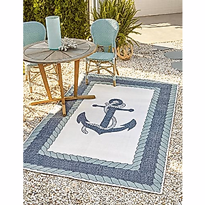 Unique Loom Outdoor Coastal Collection Abstract, Anchor, Vintage, Contemporary, Border, Ropes Area Rug (7' 10 x 10' 0 Rectangular, Navy Blue/Ivory)