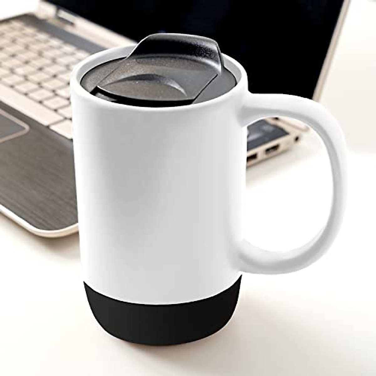 Extra Large Ceramic Coffee Mug w/Lid and Removable Silicone Base - 17 ounce Slideproof Coffee Cups w/Handle and Sip and Cover Lid - Set of 2 Dishwasher Safe Ceramic Travel Mugs - Reusable White Cup