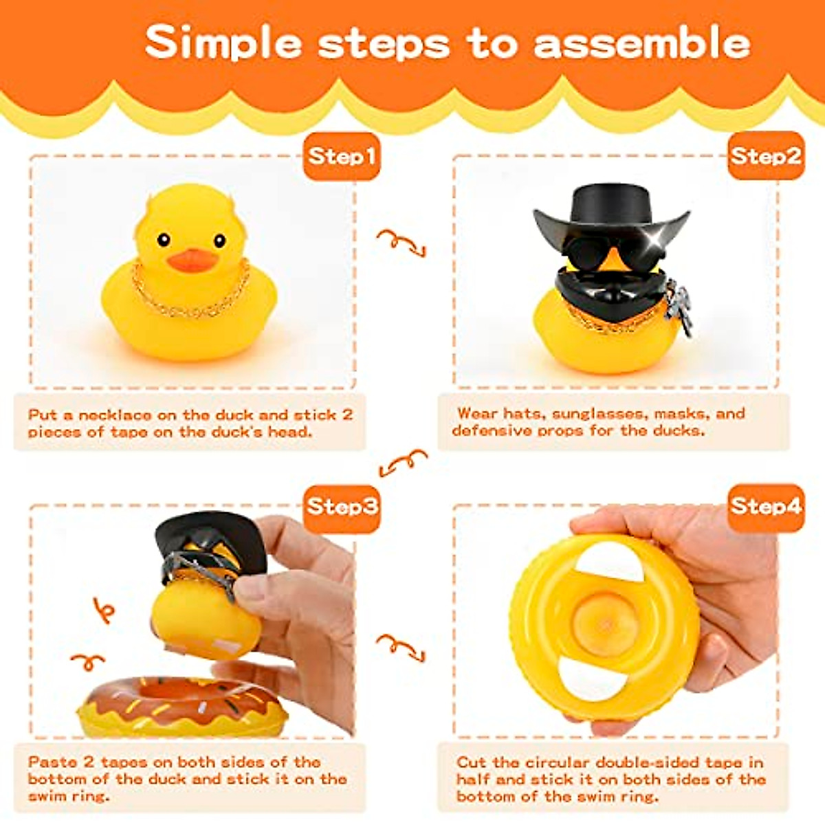 Zelobely Ducks for Cars - Rubber Duck for Dashboard of Car, Yellow Duck Car Dashboard Decorations, Squeak Ducks Car Ornaments Car Décor Accessories with Hat Swim Ring Necklace Sunglasses for Décor