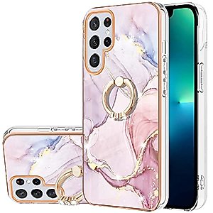 Monwutong Slim Fit Phone Case for Samsung Galaxy S23 Ultra, IMD Marble Pattern Shiny Ring Kickstand Case for Girls,with Camera and Screen Protection Cover for Galaxy S23 Ultra,ZHDD Rose Gold