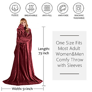 Tirrinia Wearable Fleece Blanket with Sleeves for Adult Women Men, Super Soft Comfy Plush TV Blanket Throw Cuddly Wrap Cover for Bed Sofa and Couch 73" x 51'' Wine
