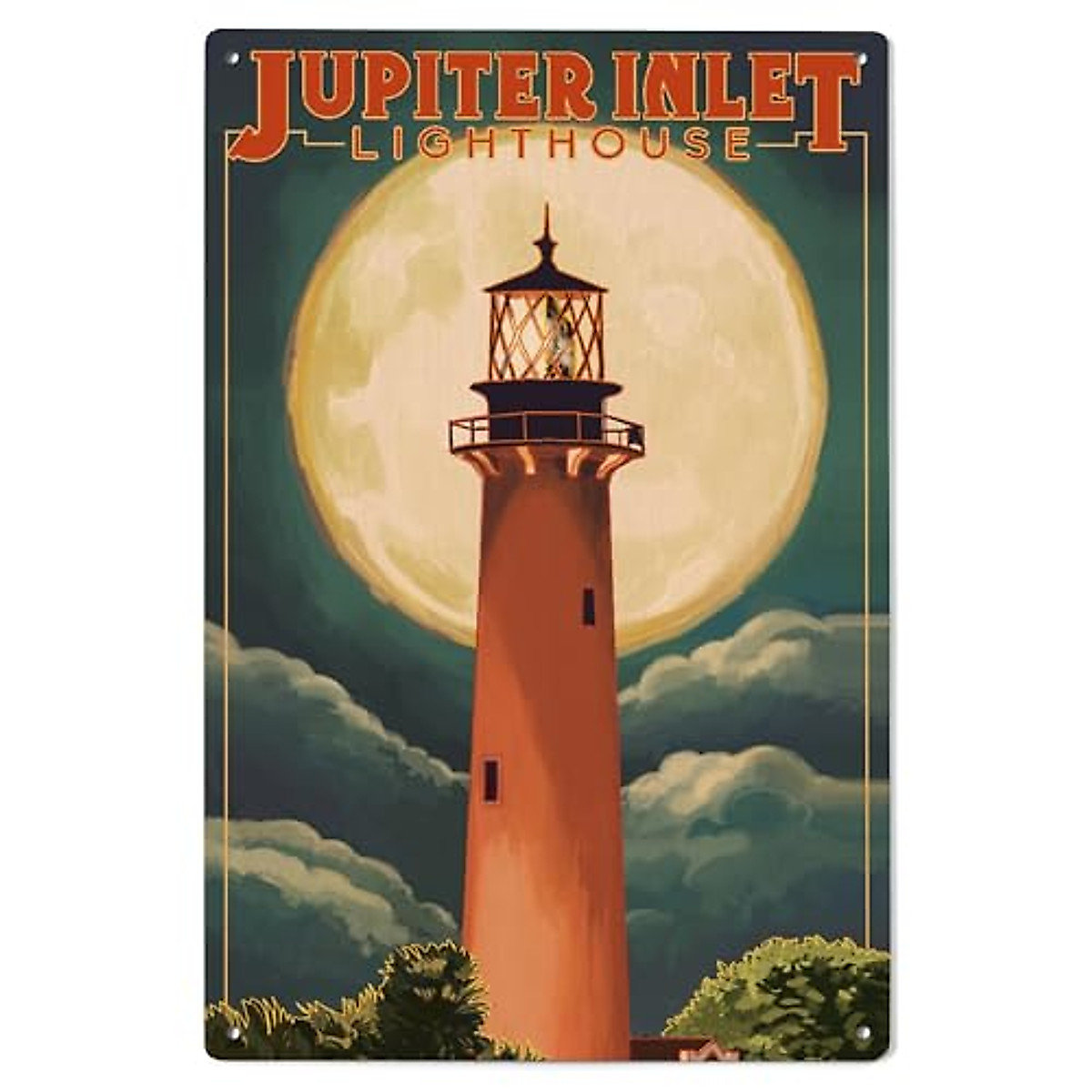 Lantern Press 6x9 Inch Wood Sign, Ready to Hang Wall Decor, Jupiter, Florida, Jupiter Lighthouse and Moon