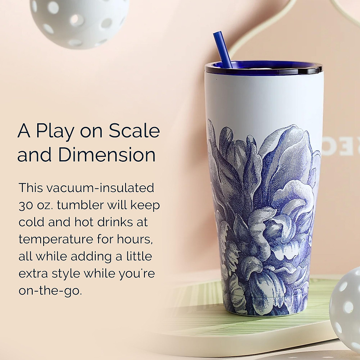 Caskata Peony Stainless Steel Insulated Tumbler | Floral Cup, Lid & Straw Set for Travel, Commuting, & School | Perfect for Birthday, Christmas & Holiday Gifts | Blue on White Color | 30 oz