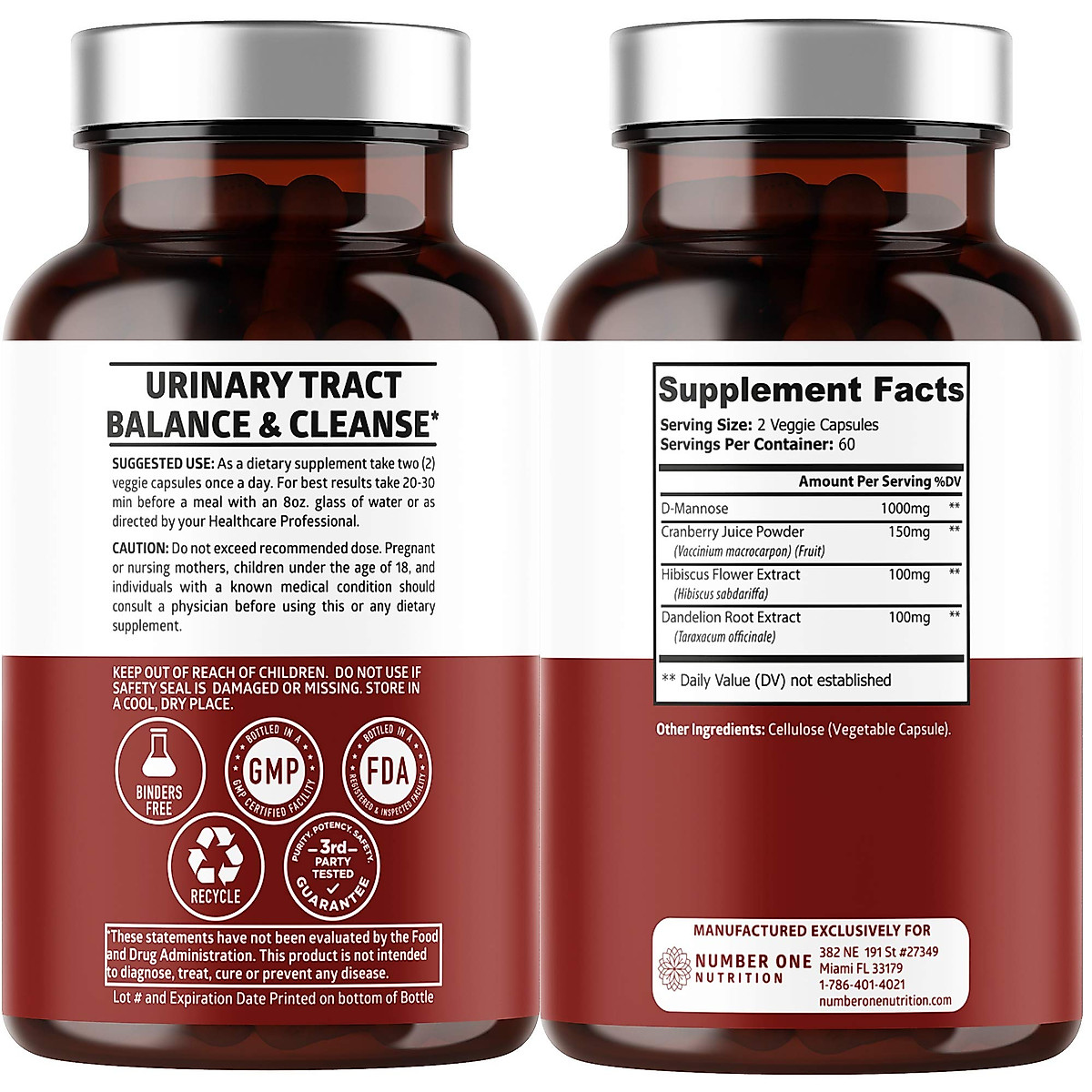 Number One Nutrition Premium D Mannose with Cranberry and Hibiscus [Max Strength, 1350mg] Naturally Supports Urinary Tract Health, Flush Impurities and Bladder Health, 120 Veg Caps