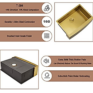 HOTIS Gold Farmhouse Sink, 30 Inch Gold Kitchen Sink, Flat Apron-Front Undermount Drop In Farm Sink, Stainless Steel Single Bowl Handmade Farmhouse Kitchen Sink, Workstation Sink With Accessories