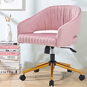 Home Office Cute Desk Chair Swivel Velvet Modern Cute Desk Chair with Gold Base, Ergonomic Study Seat, Computer Task Stools for Living Room (Pink)