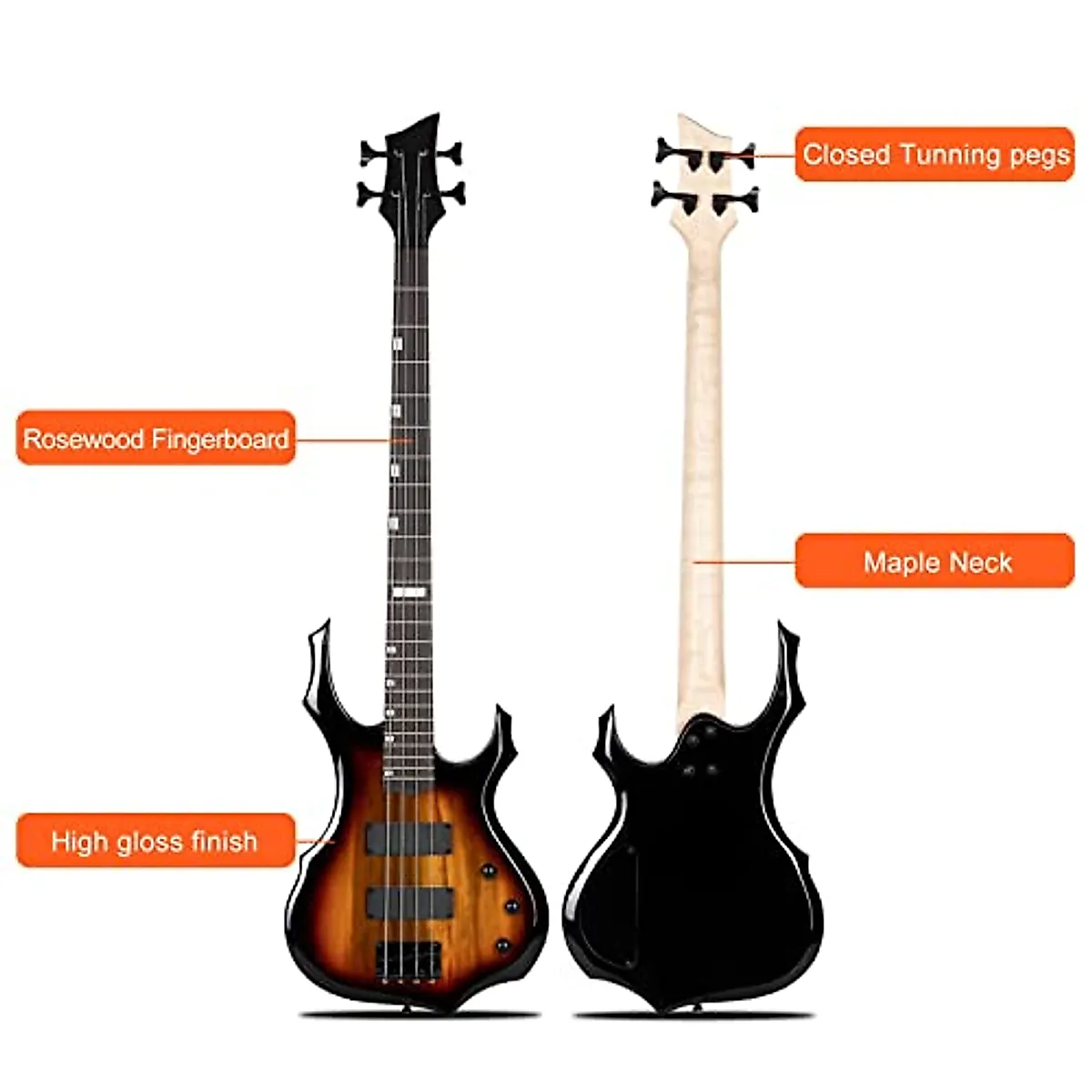 Ktaxon Electric Bass Guitar Full Size Flame Design Bass Set with 20 Watt Amplifier, Portable Bass Bag, Superior Amp Wire, Adjustable Guitar Strap, Plectrum, Wrench Tool(Sunset)