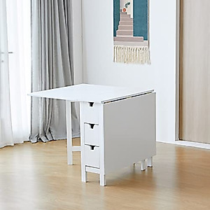 Livinia Wings Gate-Leg Wooden Dining Table, Solid Hardwood Expandable Drop Leaf Space Saving Kitchen Table with 6 Drawers Fully Assembled(White)