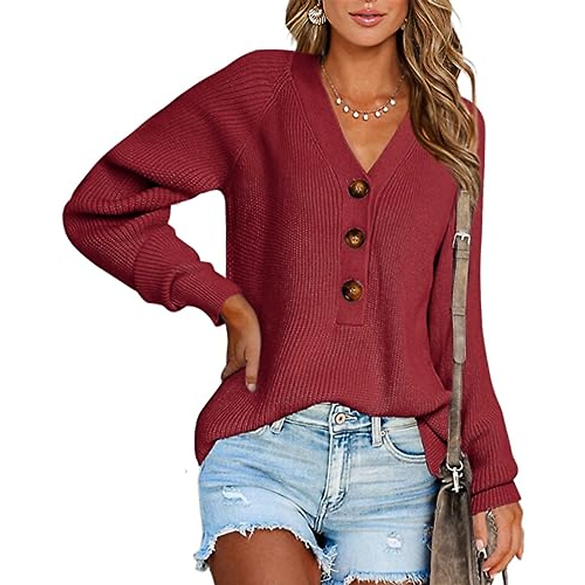 BTFBM Women Long Sleeve V Neck Button Down Sweater Solid Color Ribbed Knit Sweater Casual Relaxed Fit Pullover Jumper (Solid Jujube Red, Large)