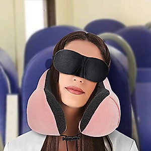 DYD Travel Pillow Memory Foam Neck Pillow for Airplane Washable Velour Cover Ergonomic Neck Support Pillow with Sleep Mask & Earplugs