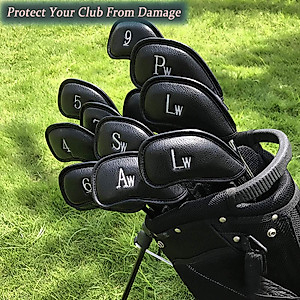 Golf Iron Head Covers 12 Pcs/Set Synthetic Leather Value Pack Deluxe Headcovers Fit All Brands Blue Red Black Green Brown for Men Women (Black)