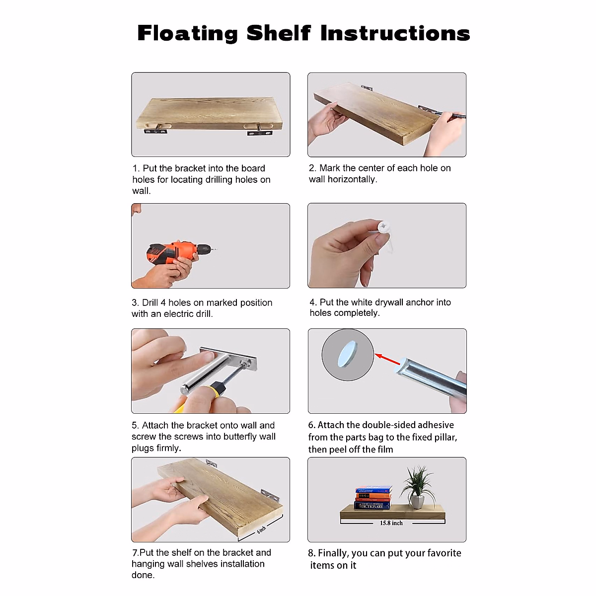 Floating Shelves, Solid Wood Shelf Set of 3,Floating Shelves for Wall Rustic Farmhouse Wooden Shelves, Bathroom Wall Shelf with Invisible Brackets for Storage, Bedroom,Office Decor(Light Brown)