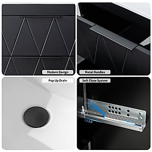 eclife 36" Bathroom Vanities Cabinet with Sink Combo, Wall Mounted Floating Cabient with Decoration Lines, Soft-Close System, 2 Extra Big Drawers, Matte Black Faucet, Black, THKFSF022