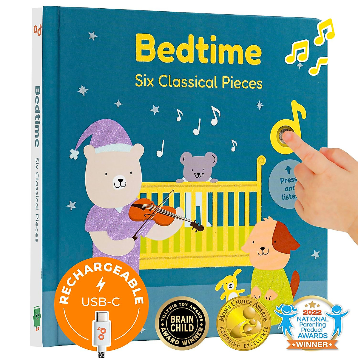Cali's Books Bedtime Baby Music Book | New Rechargeable Musical Book, No More Batteries | 6 Classical Pieces | Bedtime Sound Books for Babies for Babies and Toddlers